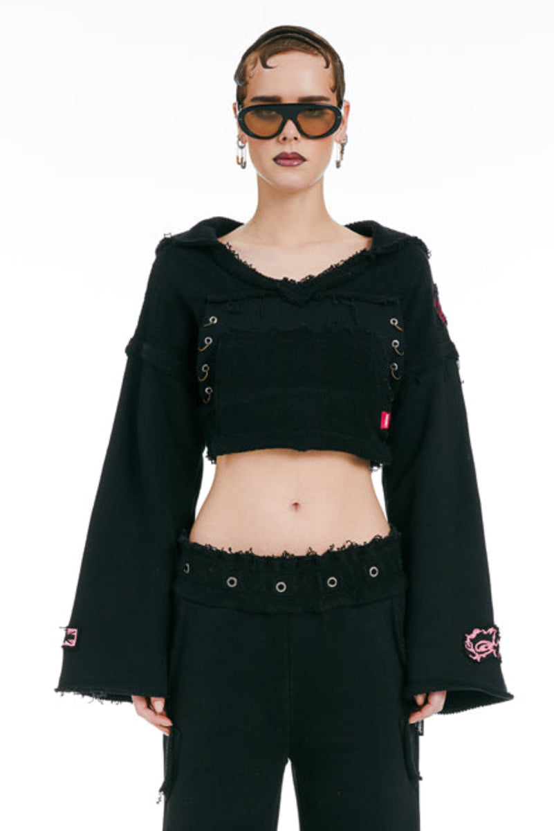 Punkyfish Cropped Sweatshirt With Hood Black