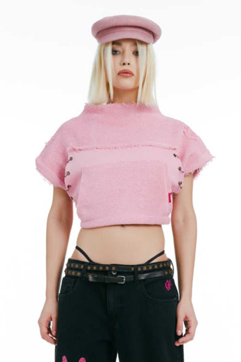Punkyfish Short sleeved Cropped Sweatshirt Pink